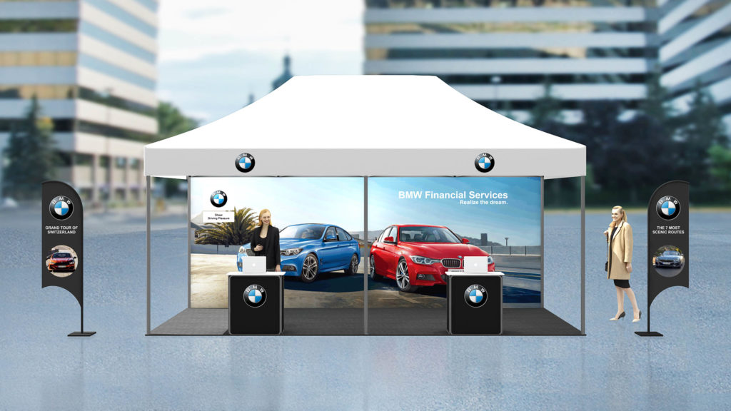 ABO0025 - Tent, 2 Counters, 2 Flags, Full Backwall - Insta Brand Activation